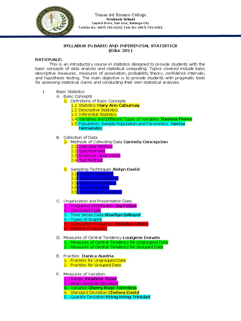 Syllabus in Basic and Inferential Statistics (Educ 201) Rationale | PDF | Statistics | Sampling ...