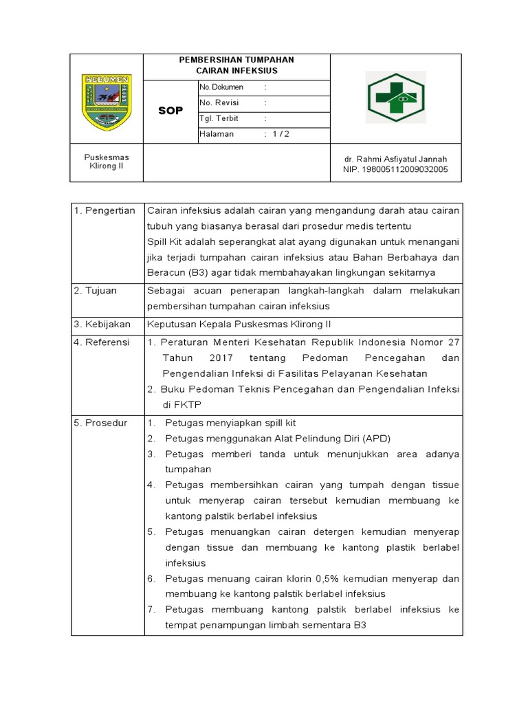 SOP Pembersihan Tumpahan Cairan Infeksius | PDF