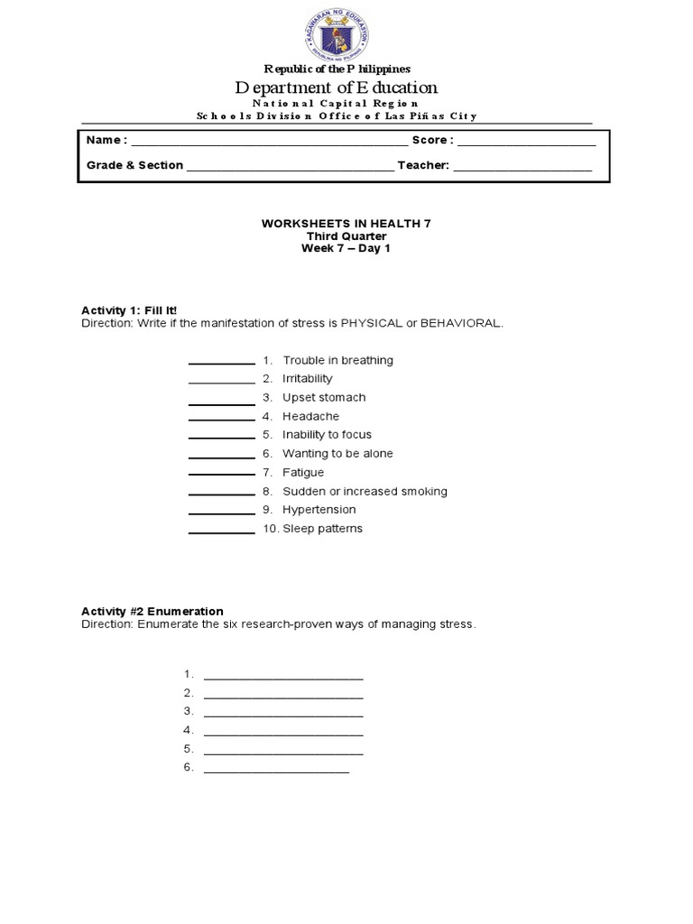 3rdQ Worksheet Week 7 Health | PDF | Mental Disorder | Major Depressive ...