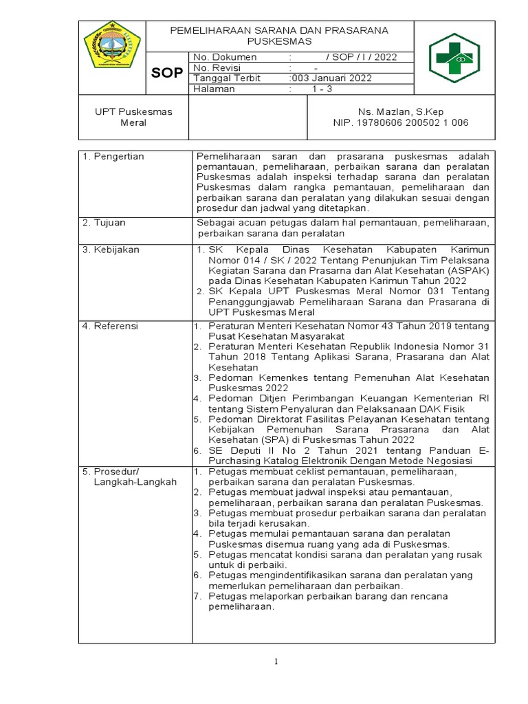 SOP Pemeliharaan Sarana Puskesmas | PDF