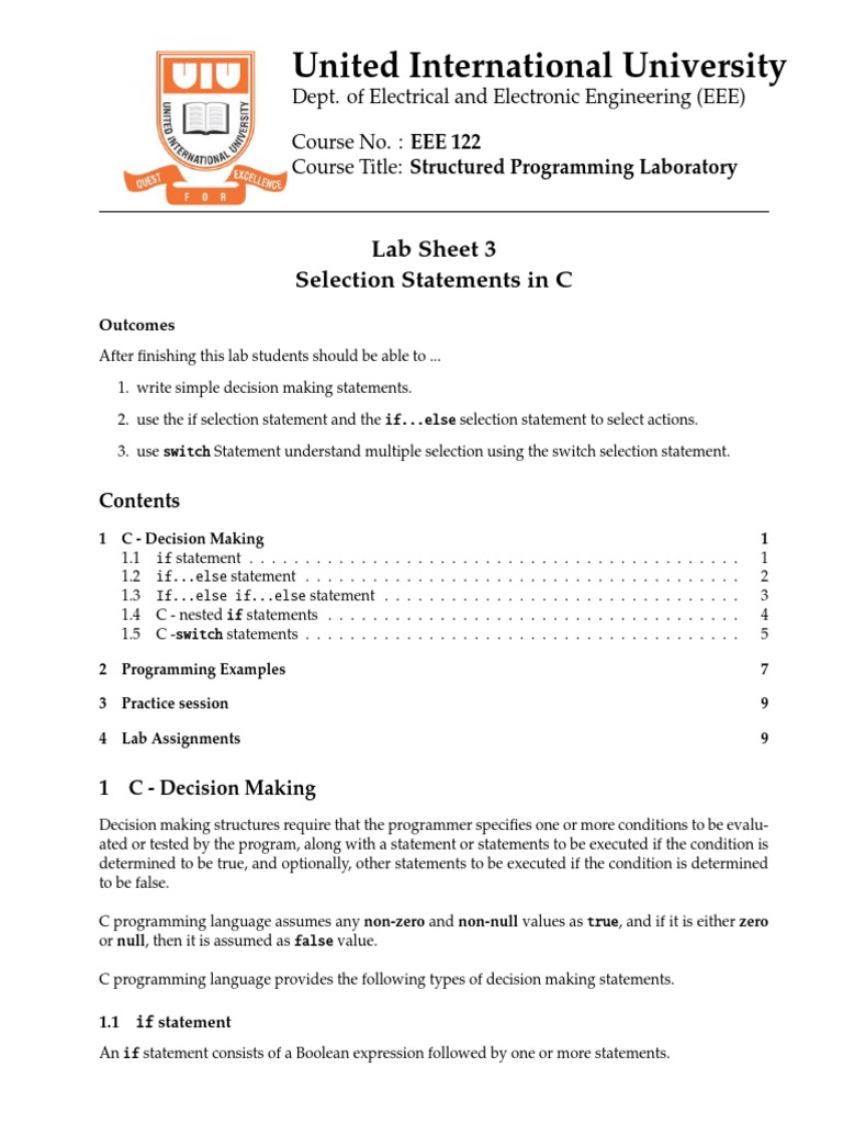 United International University: Lab Sheet 3 Selection Statements in C | PDF | Boolean Data Type ...