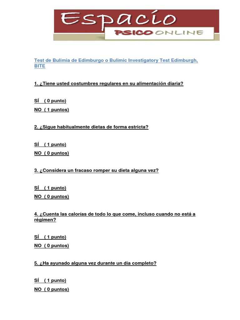 Test de Bulimia de Edimburgo o Bulimic Investigatory Test Edimburgh ...