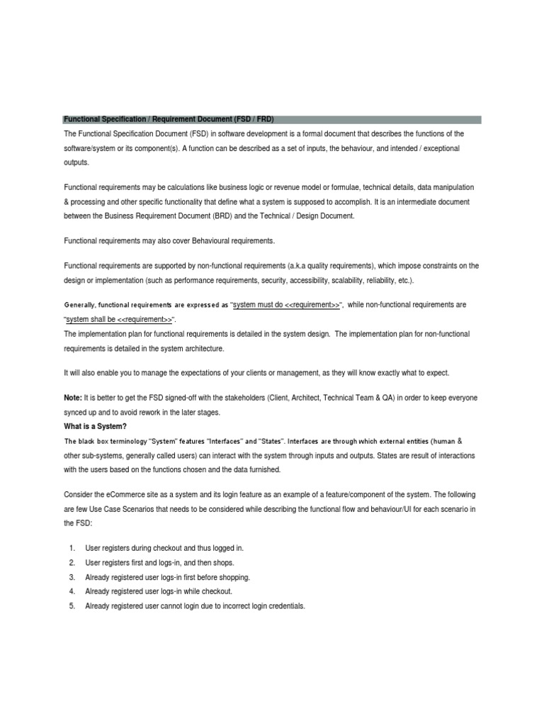 Functional Specification / Requirement Document (FSD / FRD) | PDF | Specification (Technical ...