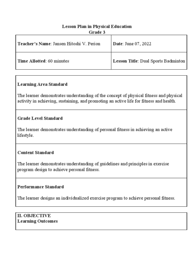 Lesson Plan in Physical Education | PDF | Racquet Sports