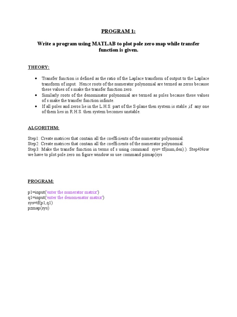 Program 1 Write A Program Using Matlab To Plot Pole Zero Map While