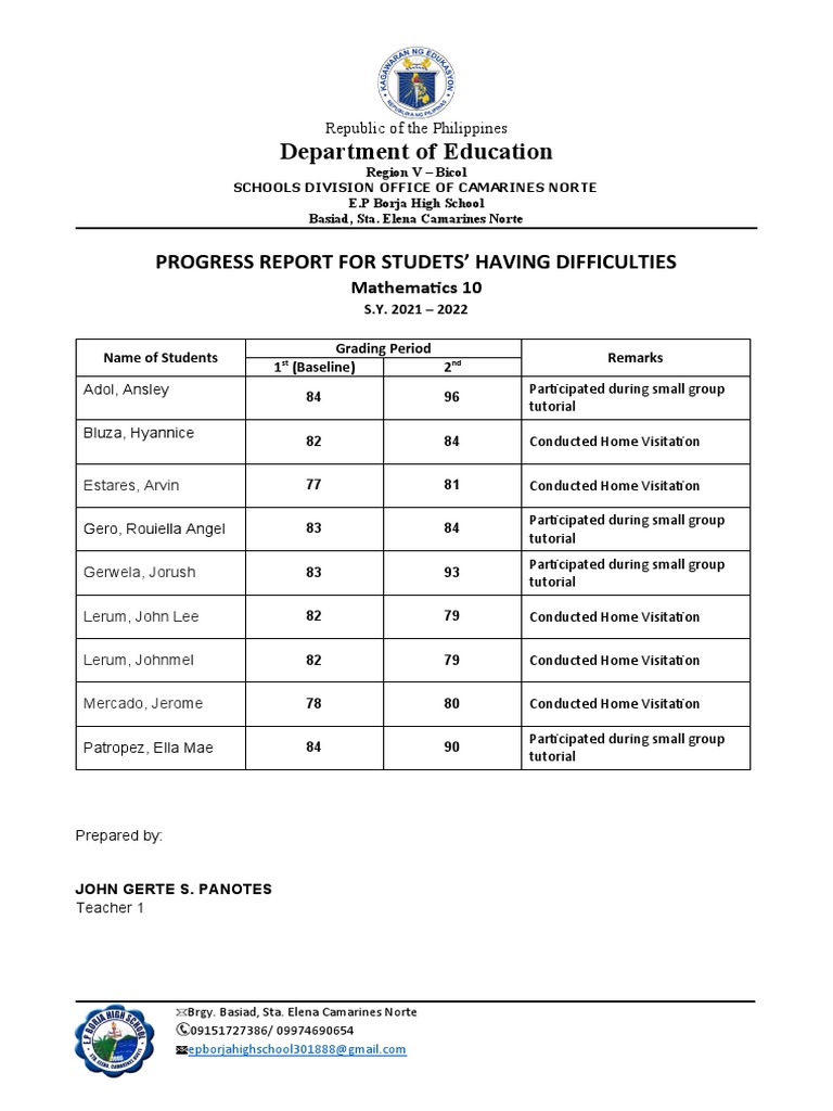 Department of Education: Progress Report For Studets' Having ...