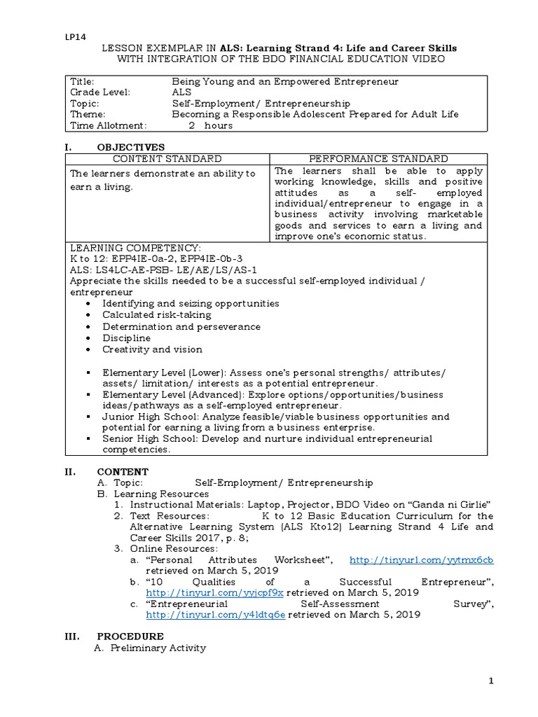 LP14 ALS Life and Career Skills | PDF | Entrepreneurship | Learning
