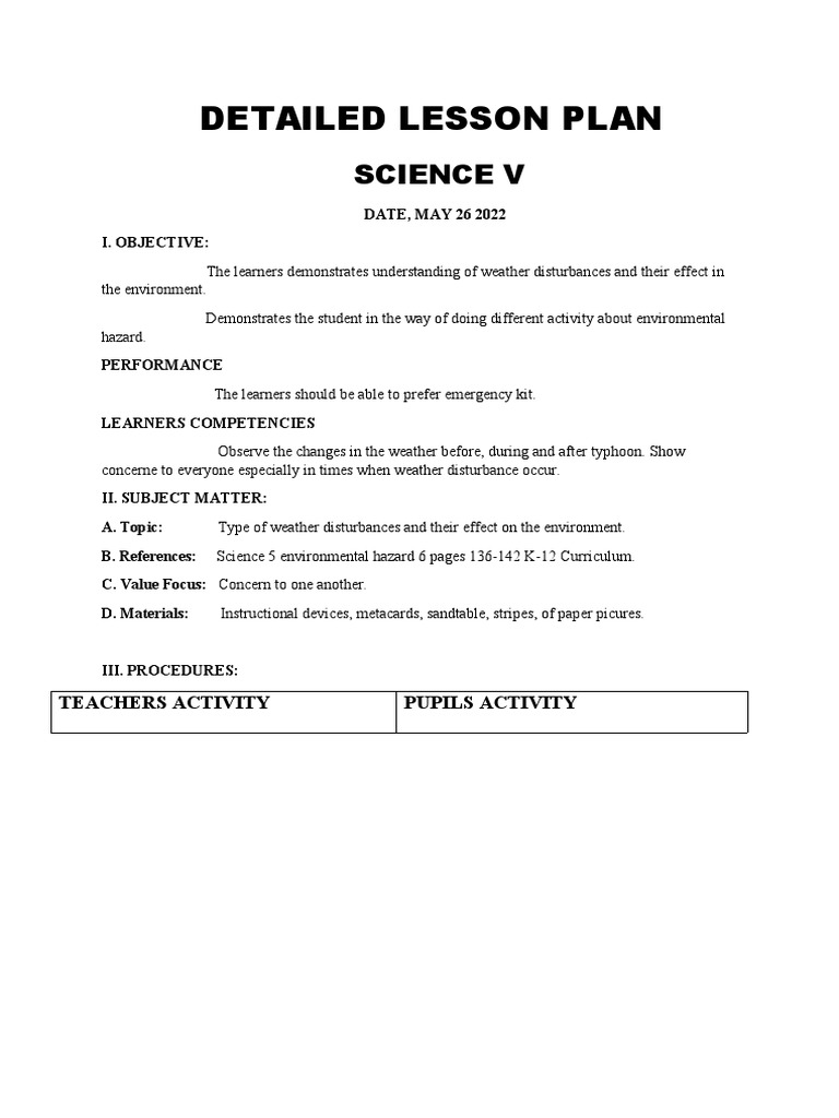 Detailed Lesson Plan: Science V | PDF | Tropical Cyclones | Weather