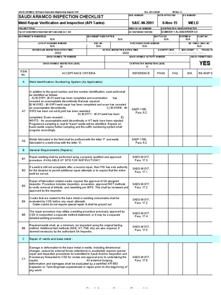 Saudi Aramco Inspection Checklist: Weld Repair Verification and ...
