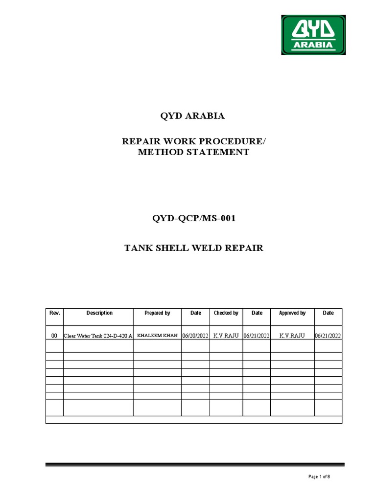 Tank Shell Weld Repair Procedure | PDF | Construction | Welding