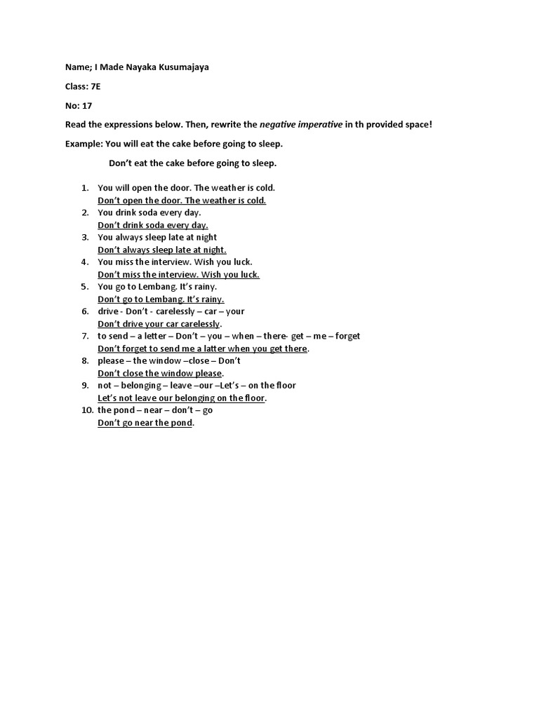 Soal Negative Imperative Answer | PDF | Home & Garden
