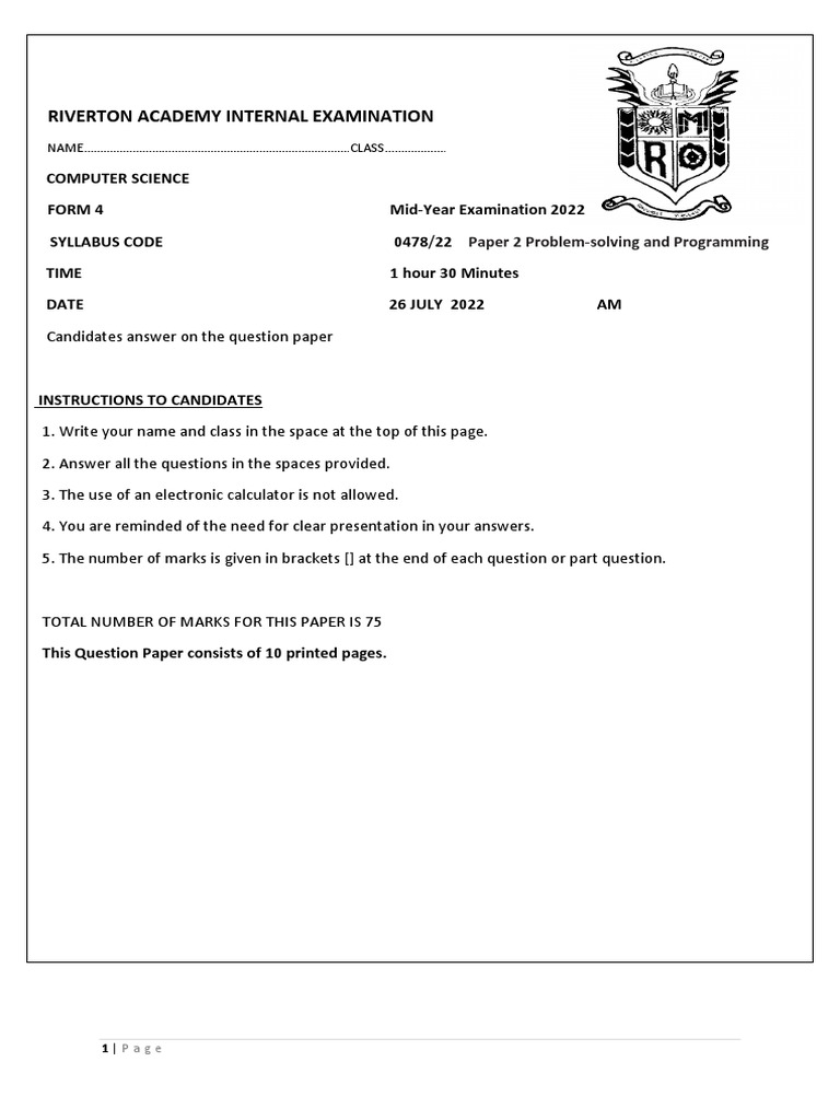 Computer Science 0478 - Paper - 2 | PDF | Variable (Computer Science ...