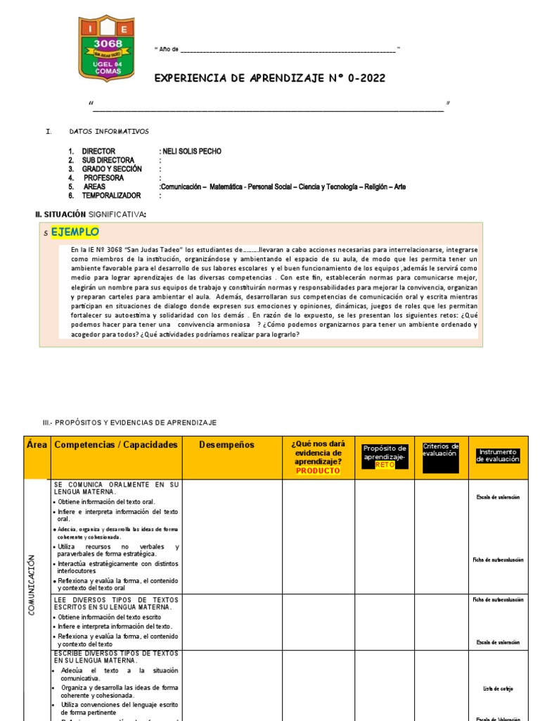Esquema-Experiencia de Aprendizaje - 2022 | Download grátis PDF | Aprendizaje | Evaluación