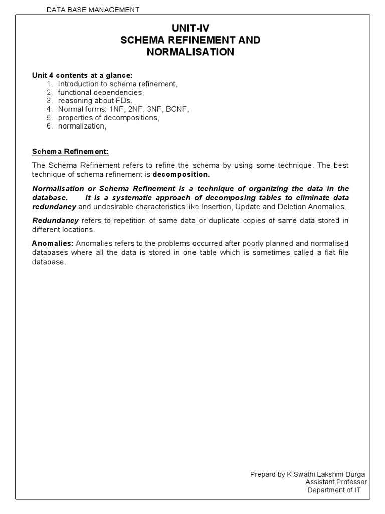 Unit-Iv Schema Refinement and Normalisation: Unit 4 Contents at A Glance | PDF | Information ...