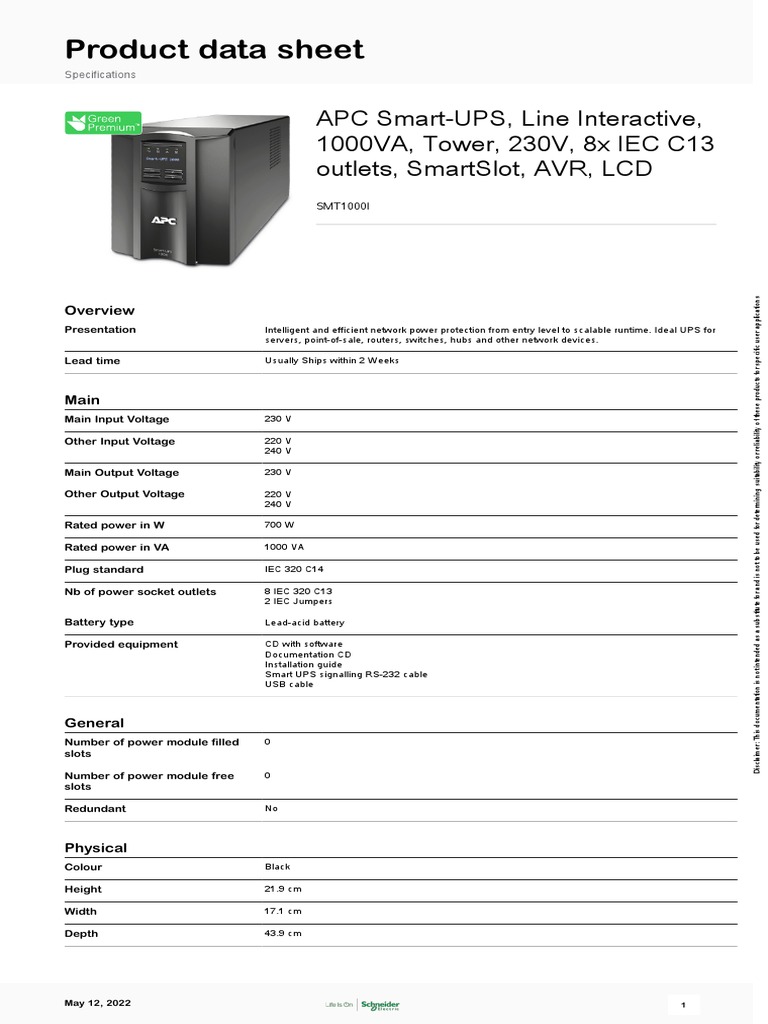 Product Data Sheet: Apc Smart-Ups, Line Interactive, 1000va, Tower ...