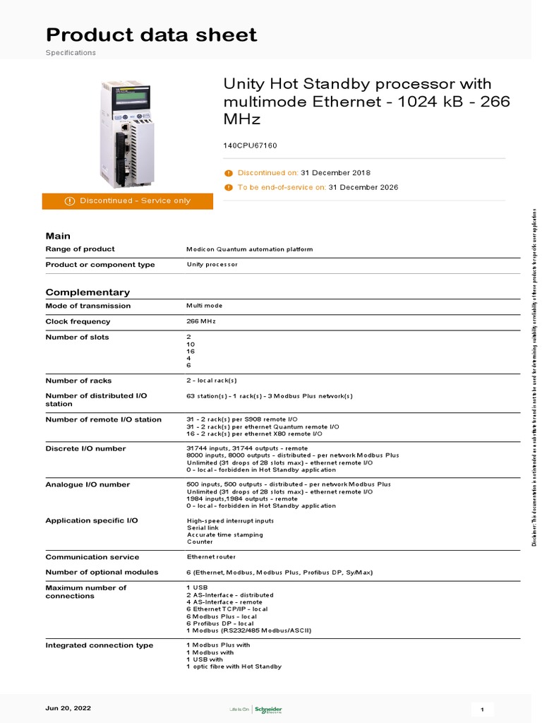 Product Data Sheet: Unity Hot Standby Processor With Multimode Ethernet - 1024 KB - 266 MHZ ...