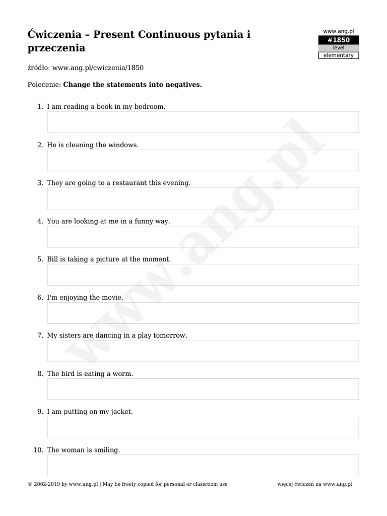 WWW - Ang.pl: Ćwiczenia - Present Continuous Pytania I Przeczenia | PDF