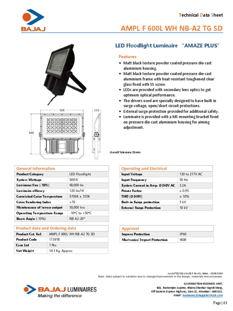 Technical Specifications for the Bajaj Electricals AMPL F 600L WH NB-A2 ...