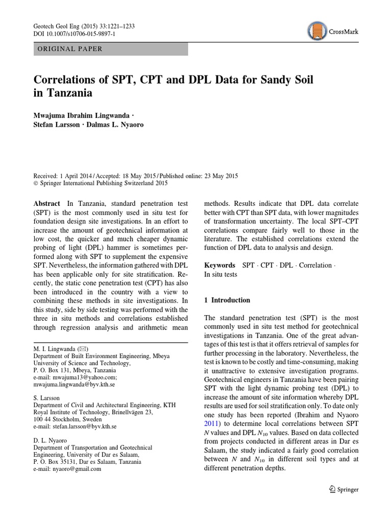 Correlations of SPT, CPT and DPL Data For Sandy Soil in Tanzania | PDF | Regression Analysis