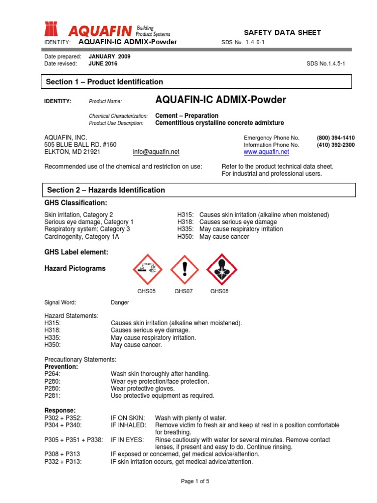 Safety Data Sheet Aquafin-Ic Admix-Powder | PDF | Personal Protective ...