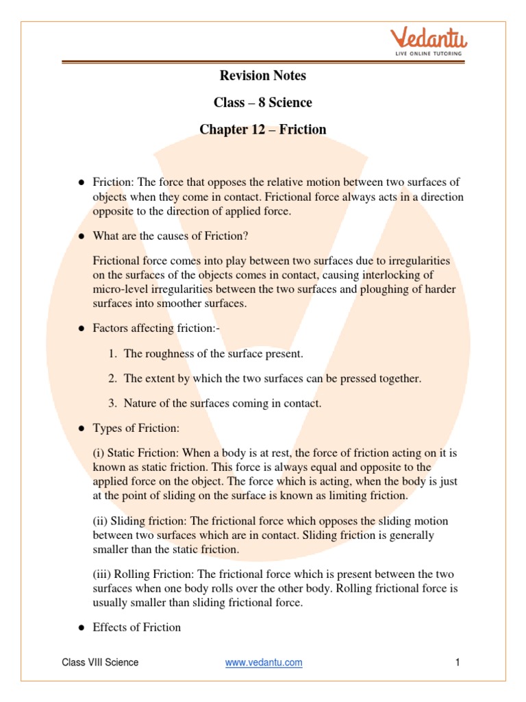 Class 8 Science Chapter 12 Revision Notes | PDF | Friction | Force