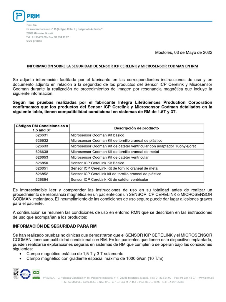 Seguridad RMN Sensor Cerelink - Codman 03052022 | PDF | Imagen de ...