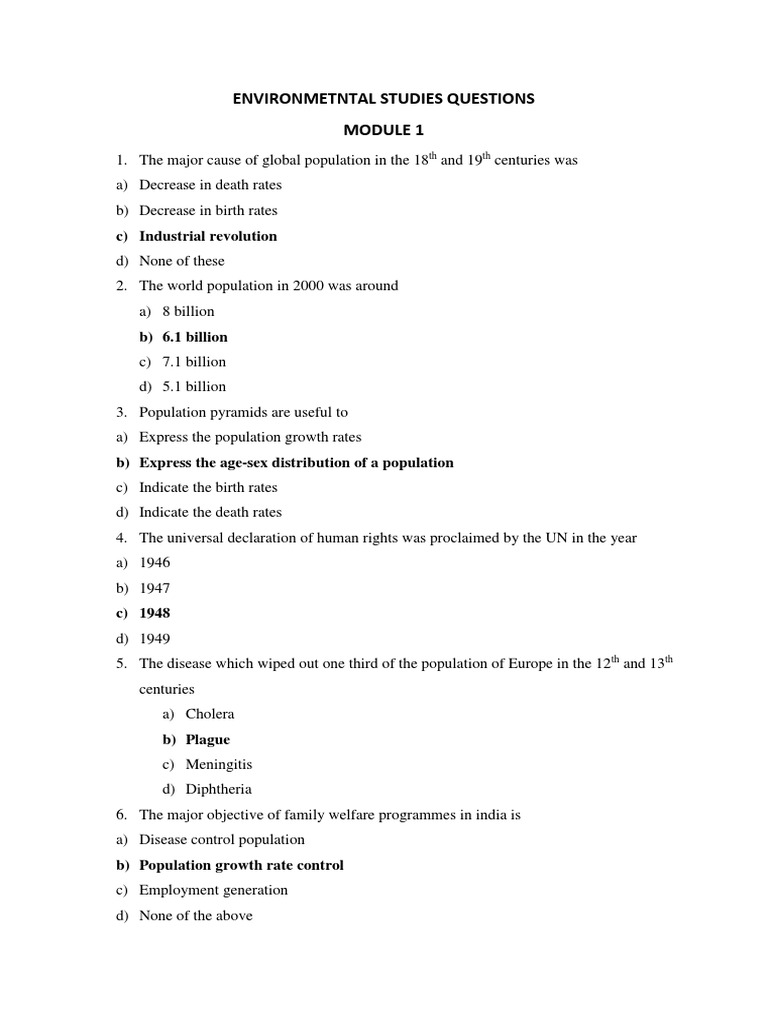Environmental Studies Questions Addressing Population Growth, Ecosystem ...