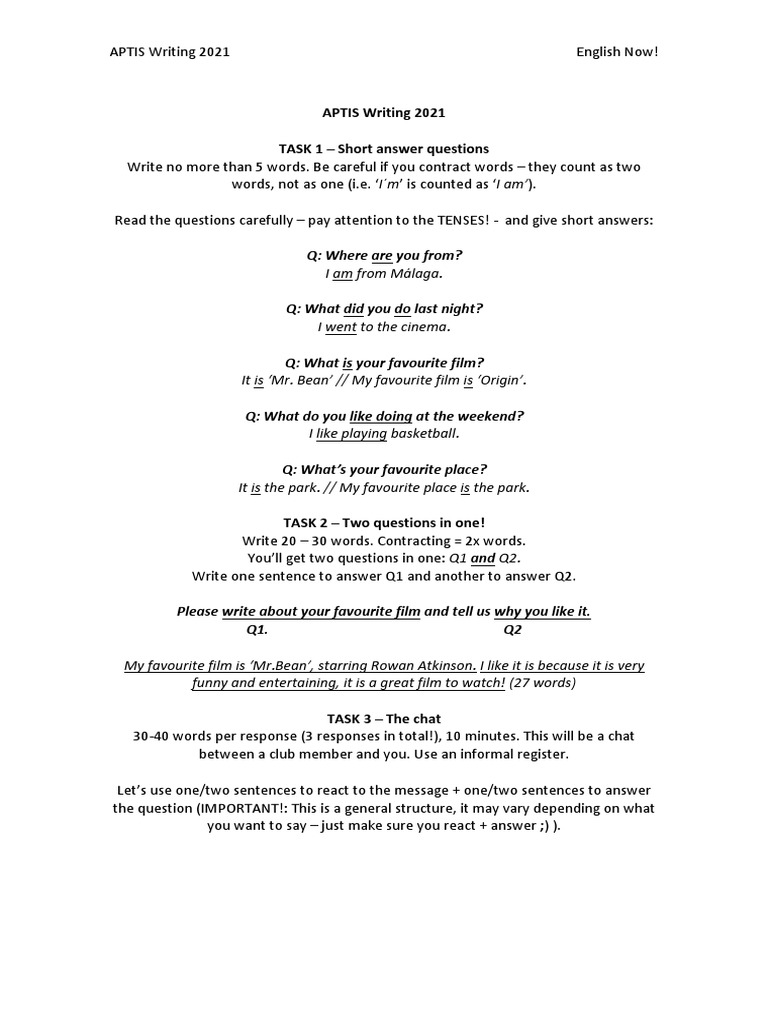 APTIS Writing 2021 TASK 1 - Short Answer Questions | PDF
