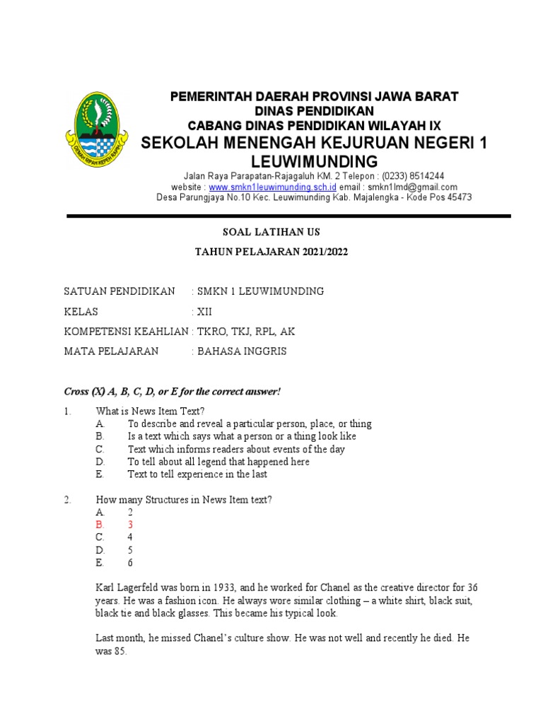 Latihan Soal US Bahasa Inggris | PDF | Refrigerator | Fashion