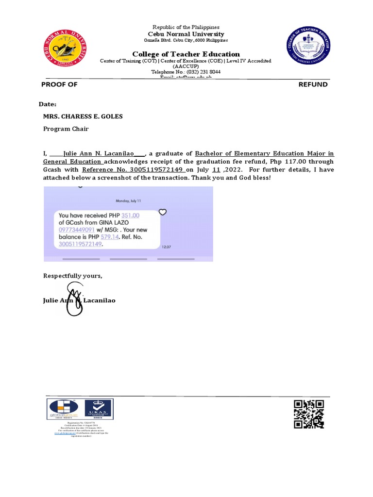 Sample of Proof of Refund | PDF