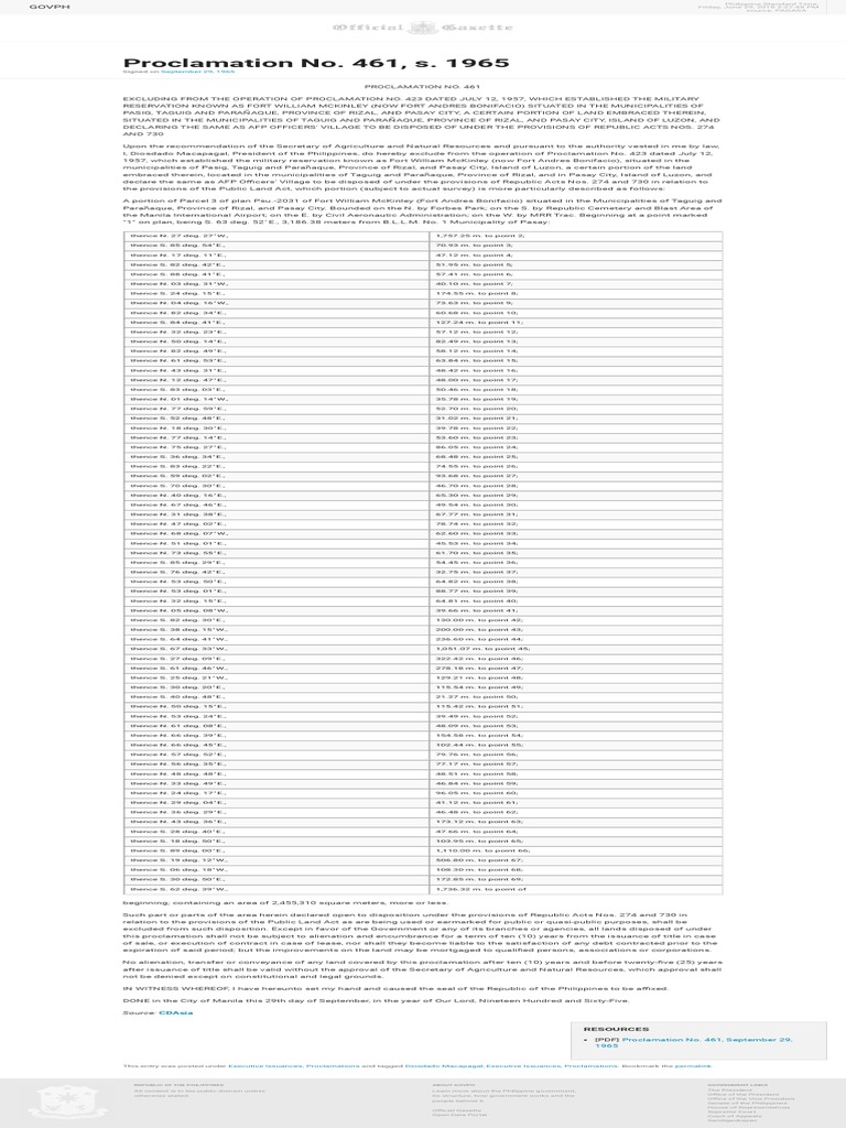 Proclamation No. 461: AFP Village 1965 | PDF | Philippines | Justice