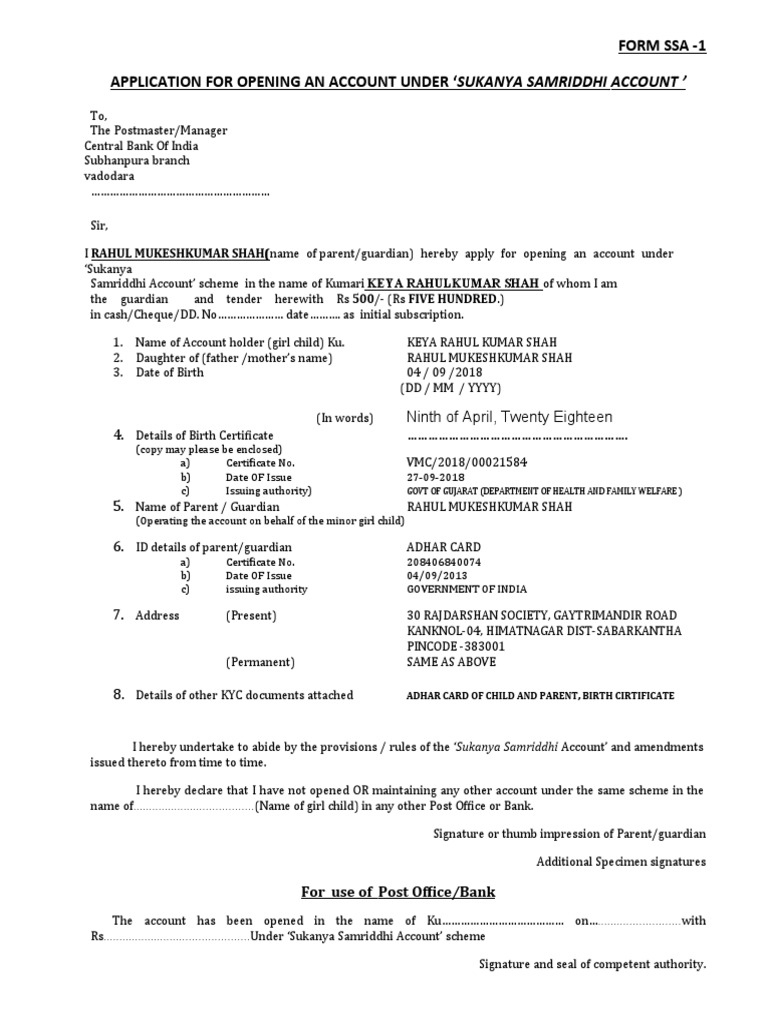 Form SSA - 1 Application FOR Opening AN Account Under Sukanya Samriddhi ...