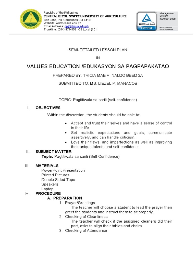 Semi-Detailed Lesson Plan in Multigrade Teaching | PDF | Self Esteem ...