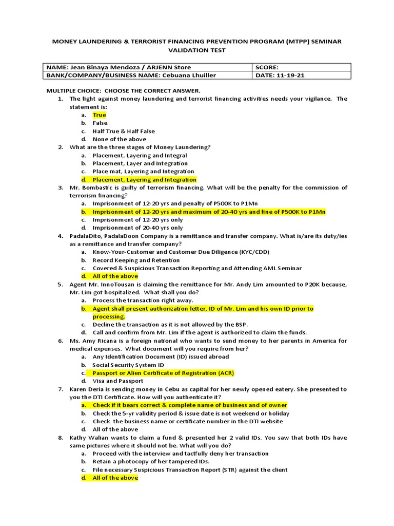 MTPP Seminar - Pre Test | PDF | Identity Document | Money Laundering
