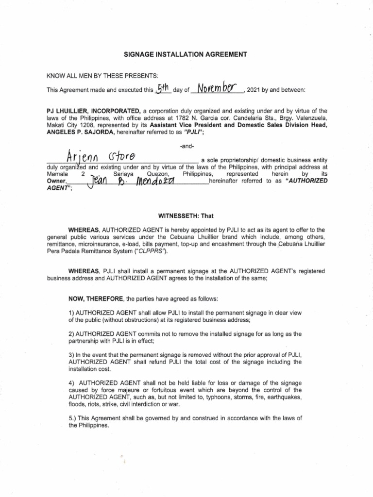 Signage Installation Agreement - Cebuana | PDF | Civil Law (Legal ...