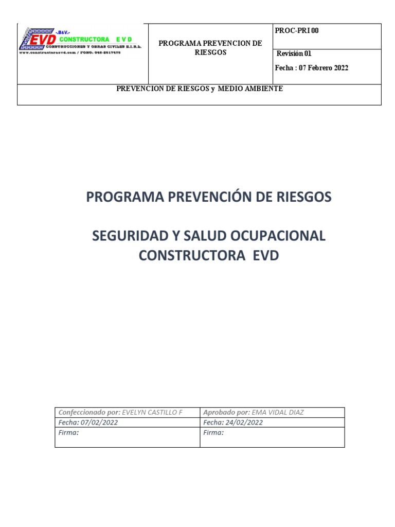 Programa de Prevencion de Riesgos 2022 Constructora Evd | PDF | Seguridad y salud ocupacional ...