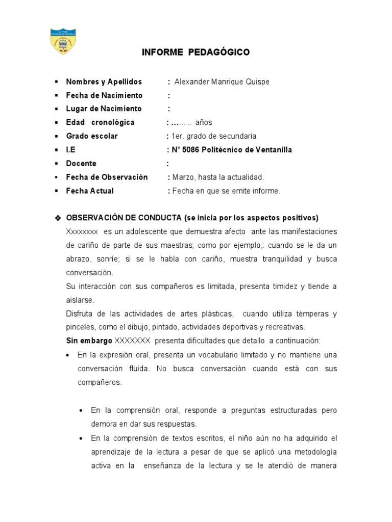 Informe Pedagogico para Derivación | PDF | Evaluación | Aprendizaje