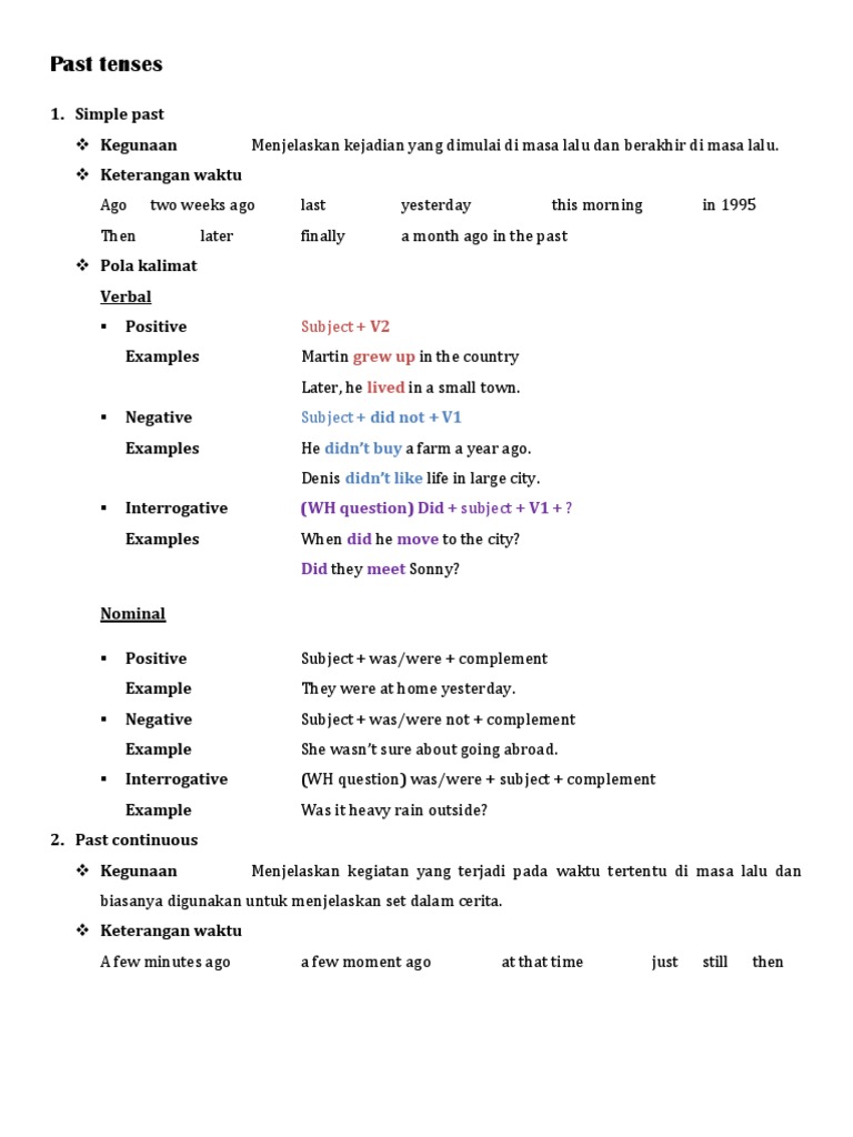 Past Tenses: 1. Simple Past Kegunaan Keterangan Waktu | PDF ...