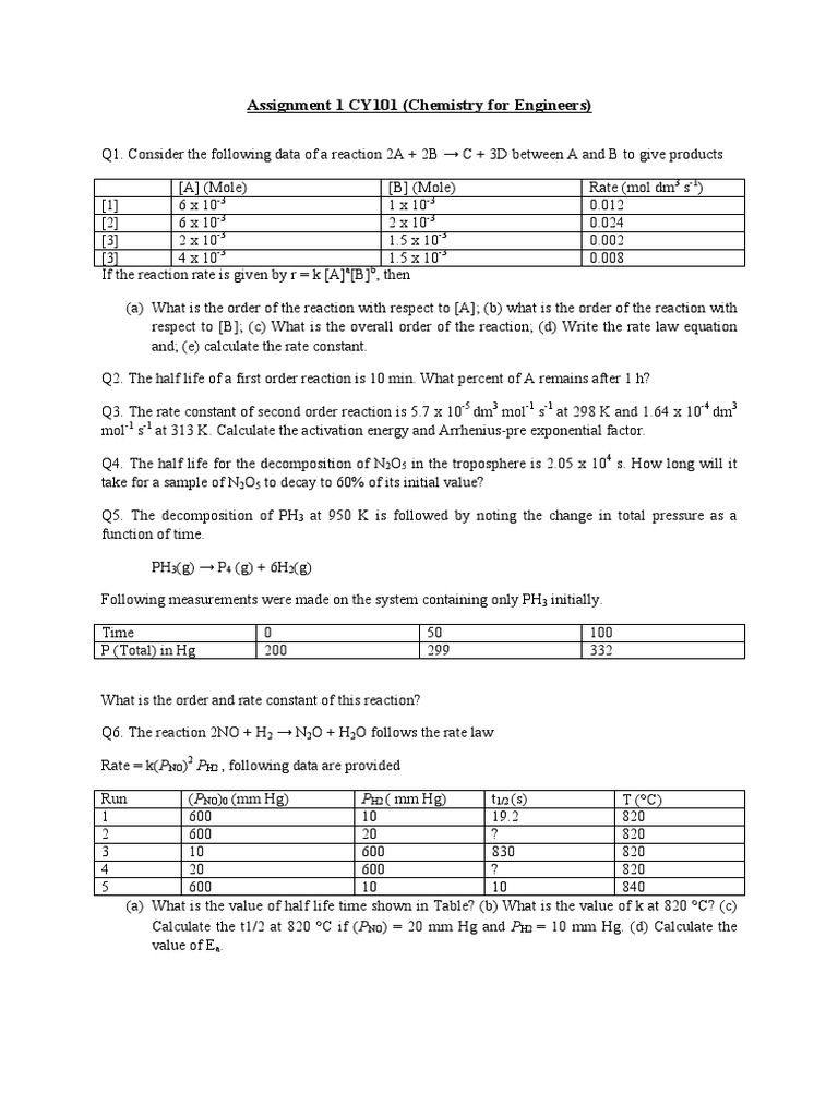 Assignment 1 CY101 (Chemistry For Engineers) | PDF | Mole (Unit) | Reaction Rate Constant