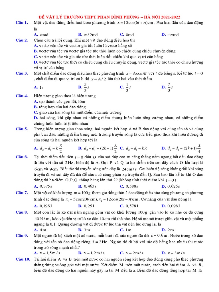 VL12-KT GHK1-THPT Phan Đình Phùng-Hà N I-2021-2022 | PDF