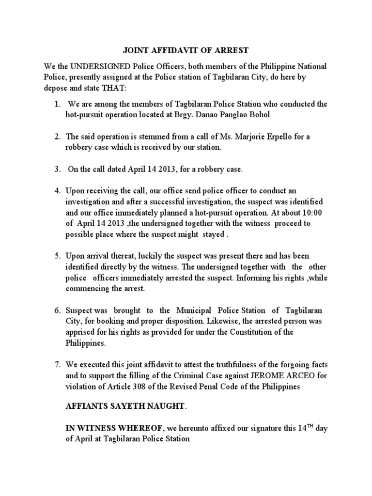 Joint Affidavit of Arrest in Robbery Case | PDF