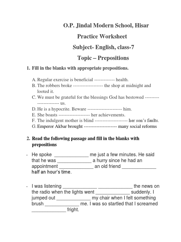 O.P. Jindal Modern School, Hisar Practice Worksheet Subject-English ...