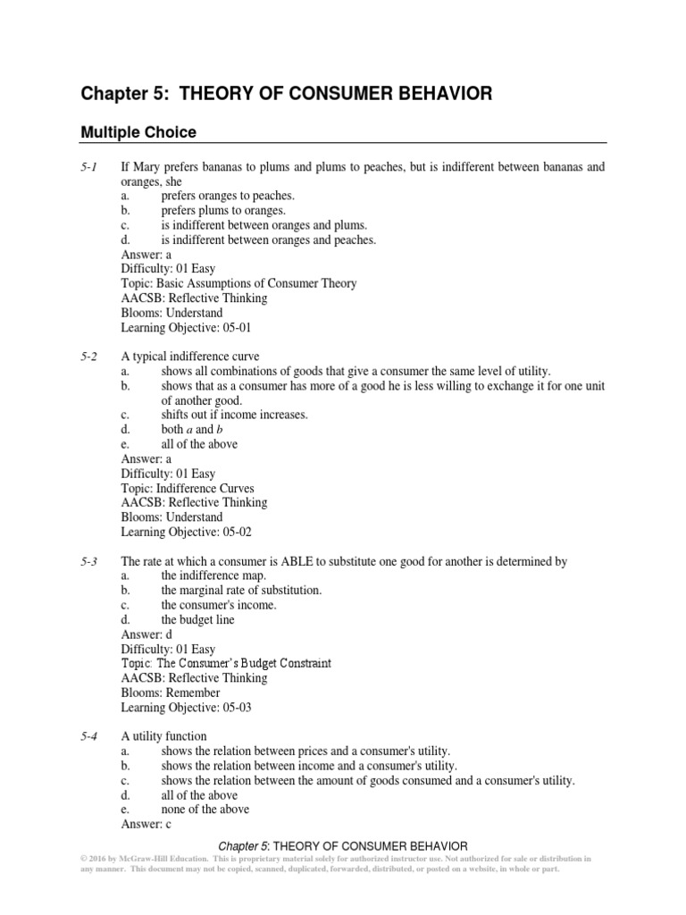 Chapter 5: Theory of Consumer Behavior: Multiple Choice | PDF | Utility | Prices
