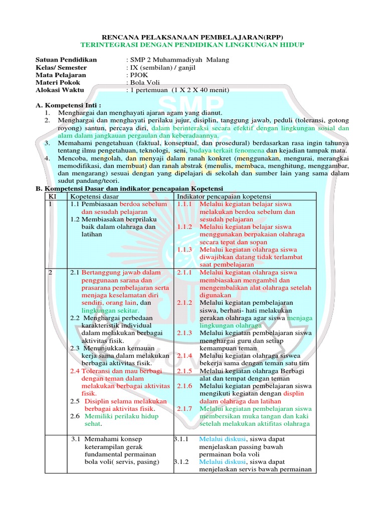 RPP PJOK: Pembelajaran Bola Voli SMP | PDF