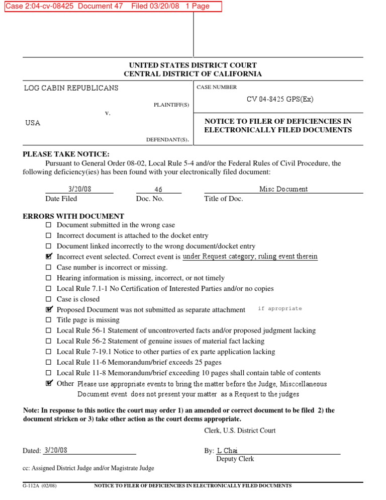 Notice of Filing Deficiencies in Court Documents | PDF