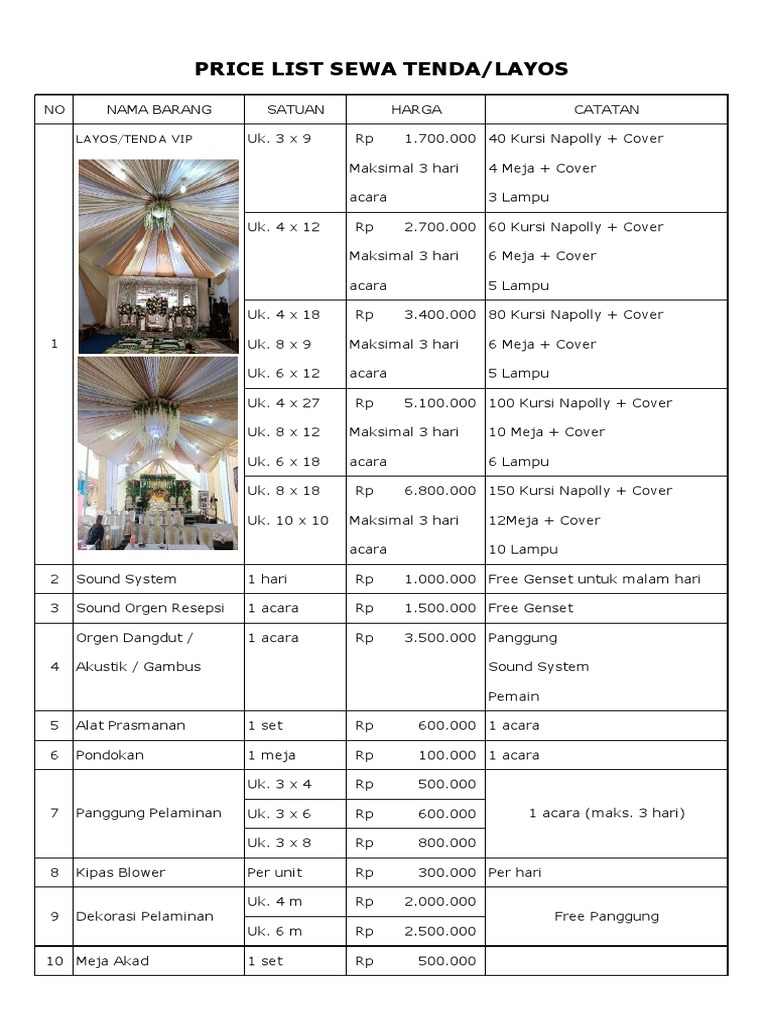 Daftar Harga Sewa Layos dan Tenda | PDF | Seni