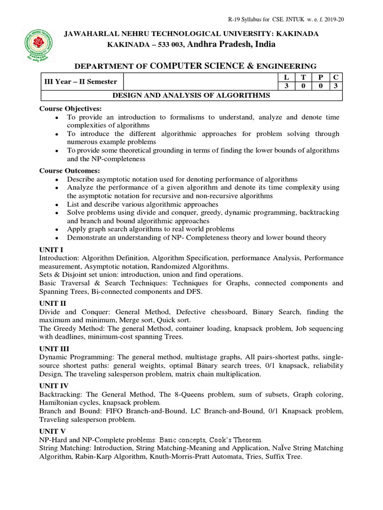 JNTUK CSE R-19 Syllabus Design and Analysis of Algorithms | PDF | Vertex (Graph Theory ...