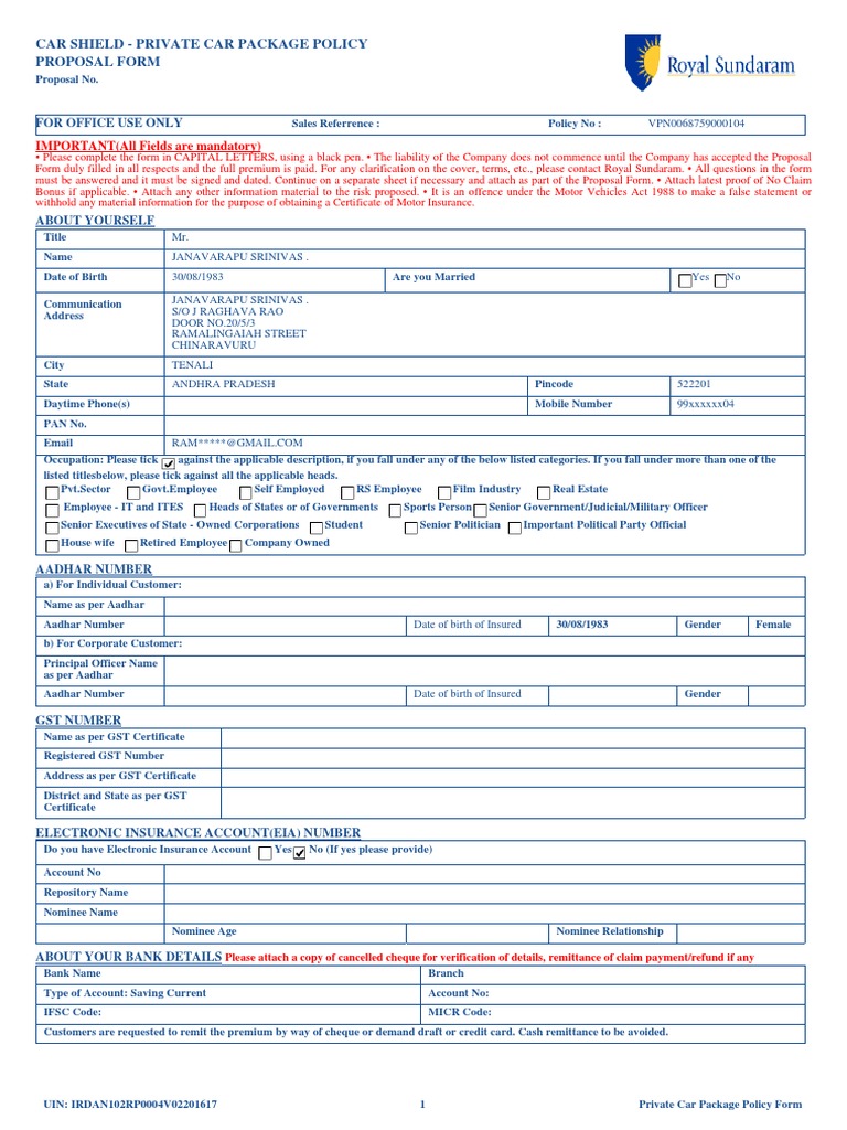 Car Shield - Private Car Package Policy Proposal Form: IMPORTANT (All ...