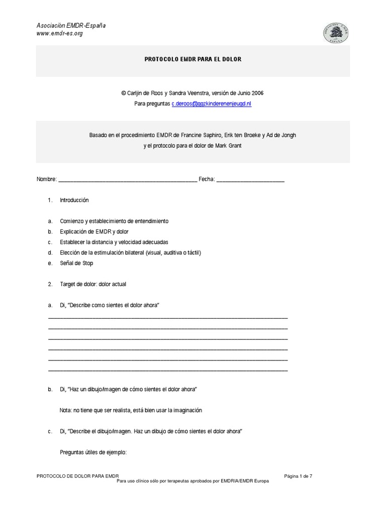 Protocolo de Dolor para Emdr Ii | PDF | Conceptos psicologicos | Desensibilización y ...