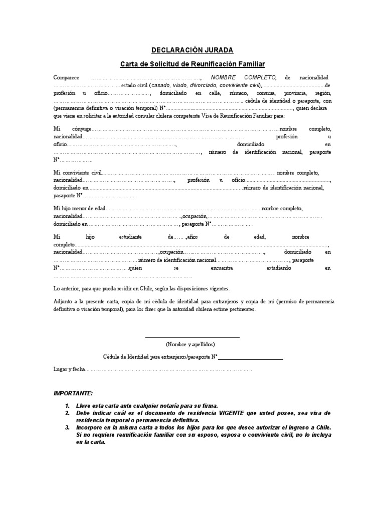 Declaraci N Jurada Carta de Solicitud de Reunificaci N Familiar | PDF | Visa de viaje | Gobierno
